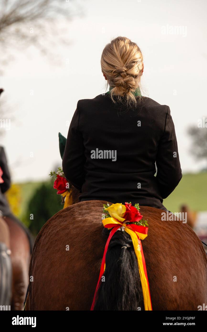 festively decorated horse, rider, back view, detail, customs, Bavaria ...