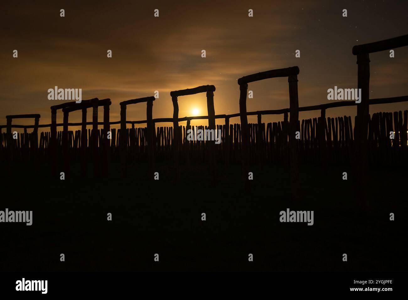 Moon shines on Pömmelte ring sanctuary, prehistoric circular ditch ...