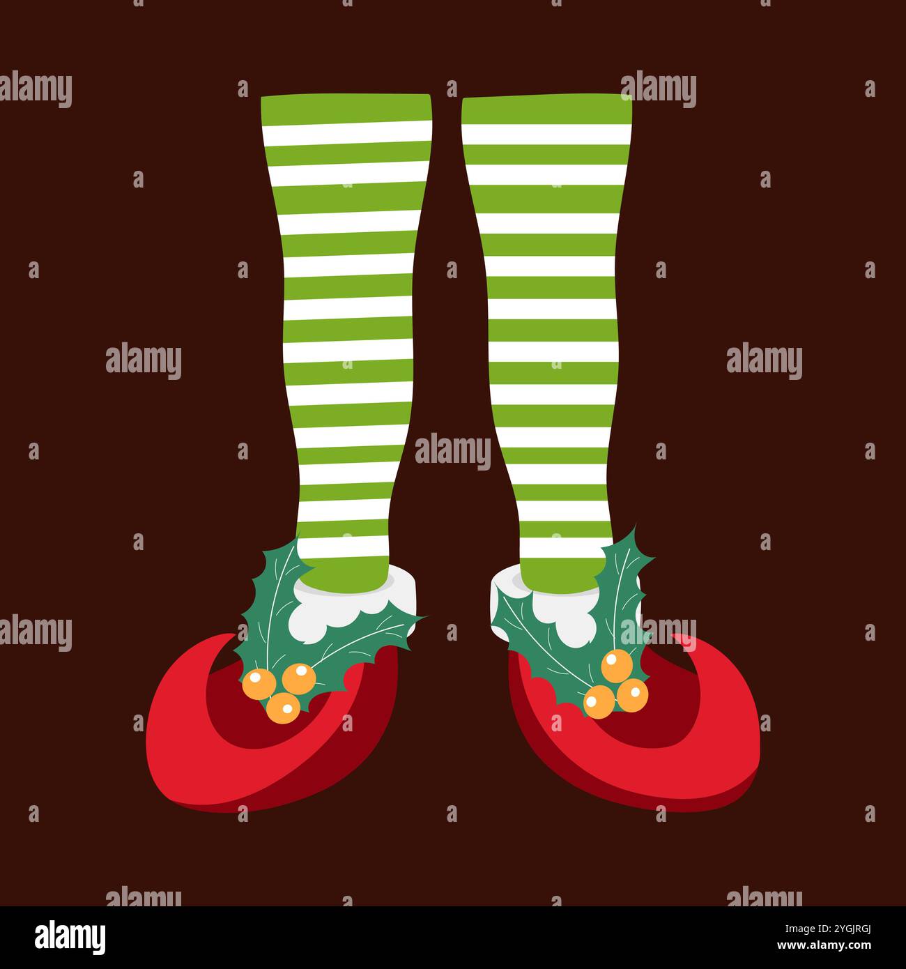 Legs in striped red pyjama and green Christmas elf shoes. Hand drawn ...