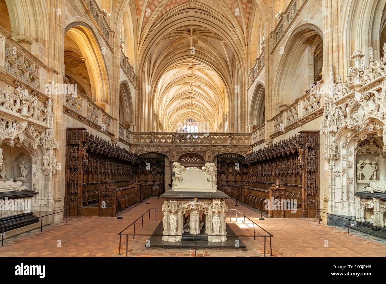 Interior of the monastery church of the Royal Monastery of Brou with ...