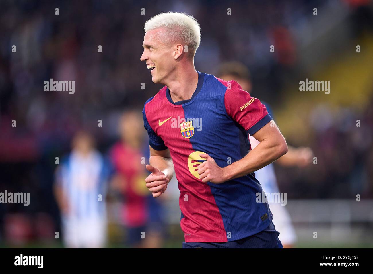 BARCELONA, SPAIN - NOVEMBER 03: Dani Olmo of FC Barcelona celebrates ...