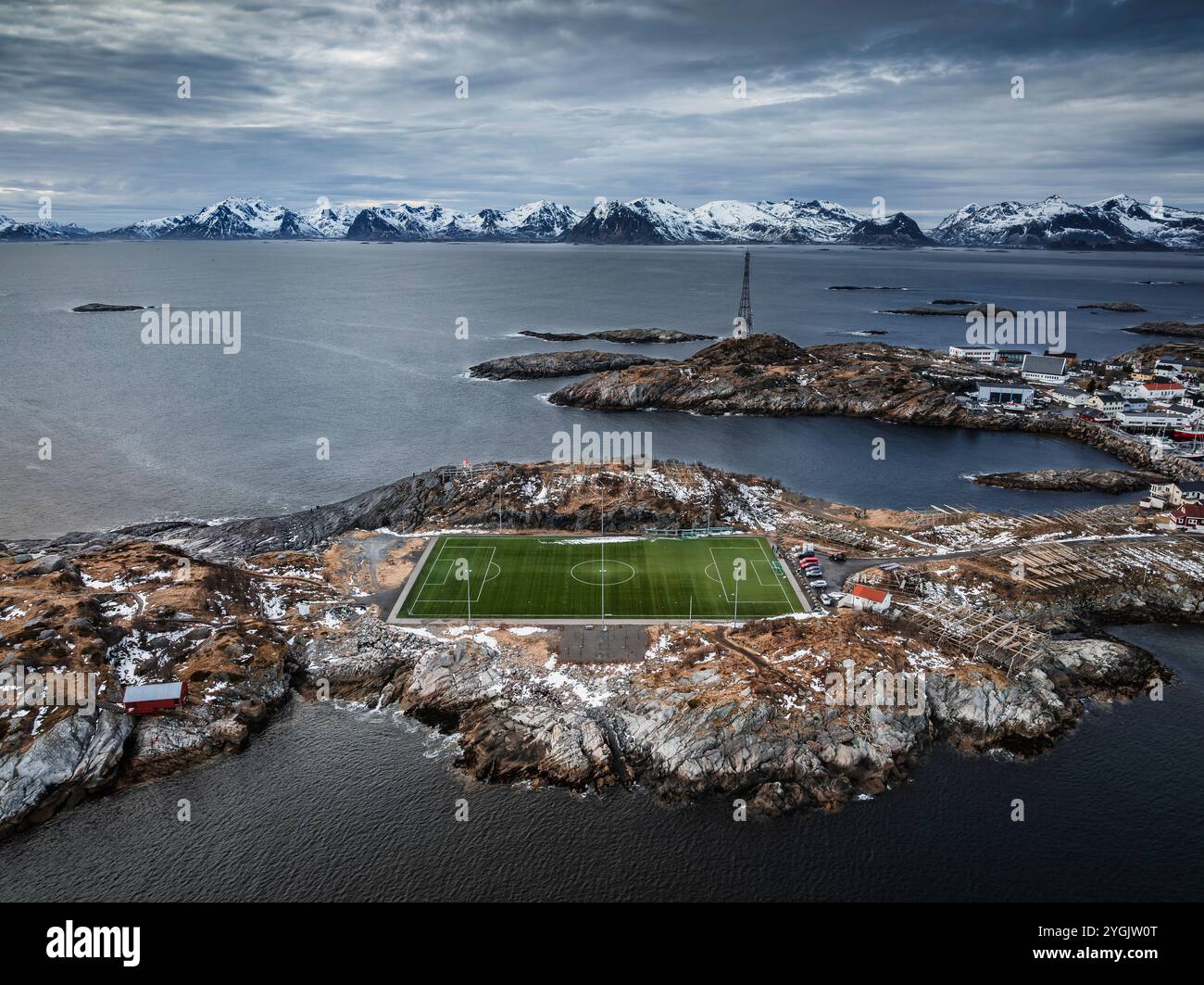 Lofoten, Norway, winter, soccer field, Henningsvaer, aerial view Stock ...