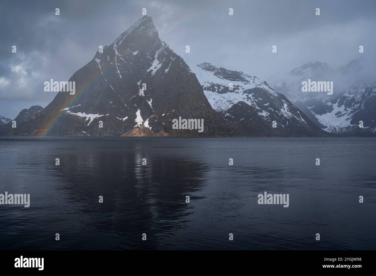 Lofoten, Norway, winter, fjord, mountains, Sakrisoy, rainbow Stock ...