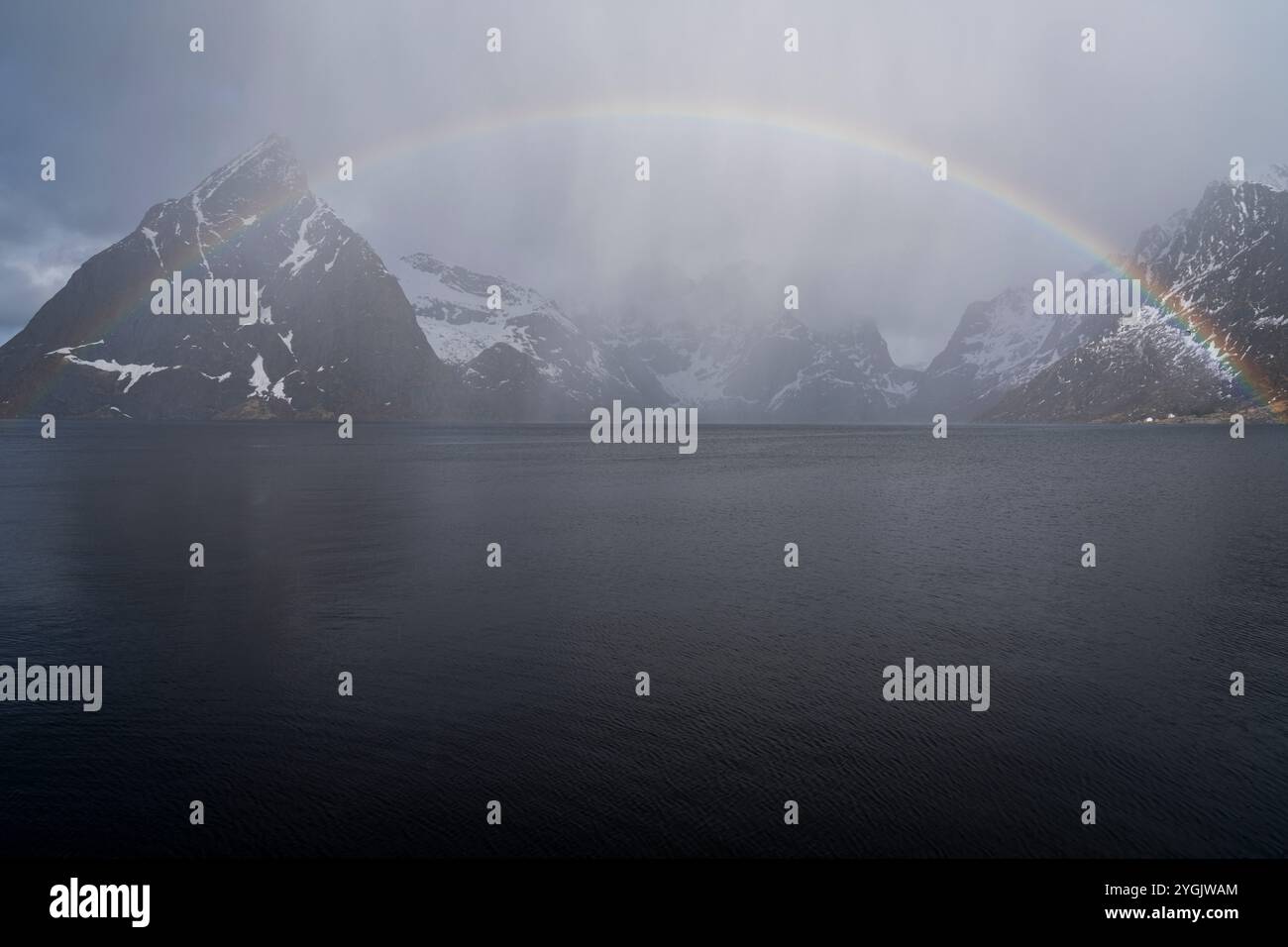 Lofoten, Norway, winter, fjord, mountains, Sakrisoy, rainbow Stock ...