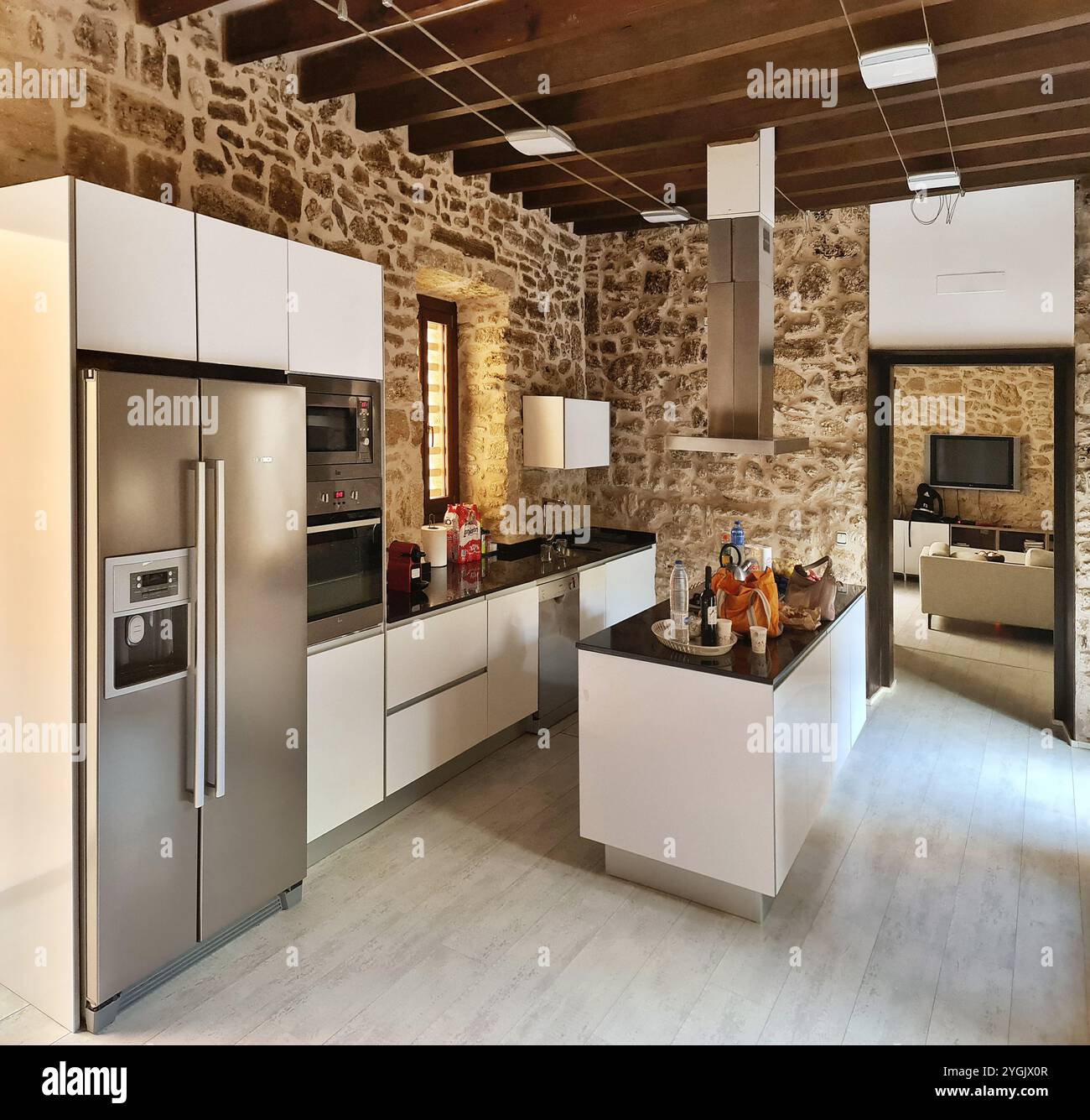 modern kitchen in an old house, Spain, Balearic Islands, Majorca Stock ...