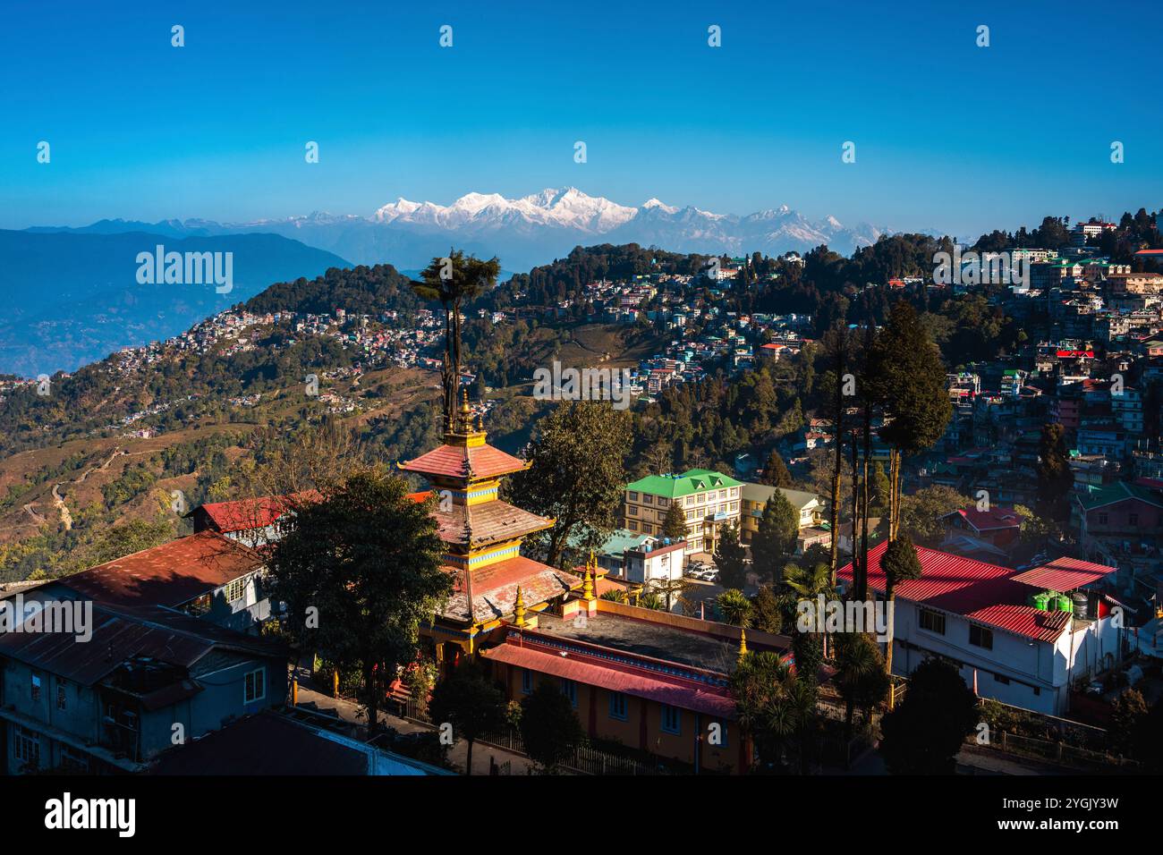 Darjeeling in the Himalayas, North India, view of mountains and tea ...