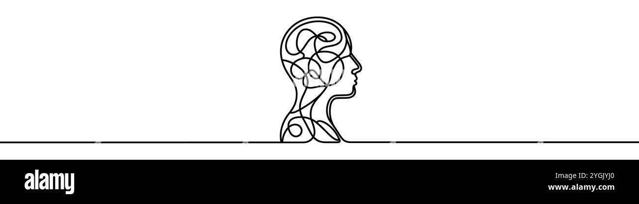Minimalist continuous line drawing representing human head with complex ...