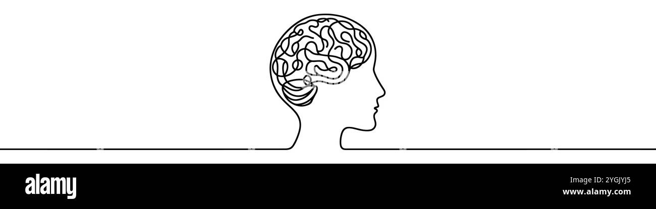 Continuous line drawing representing human head with brain waves ...