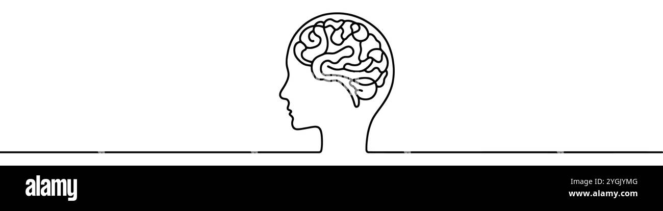 Continuous line drawing representing human head with brain waves ...