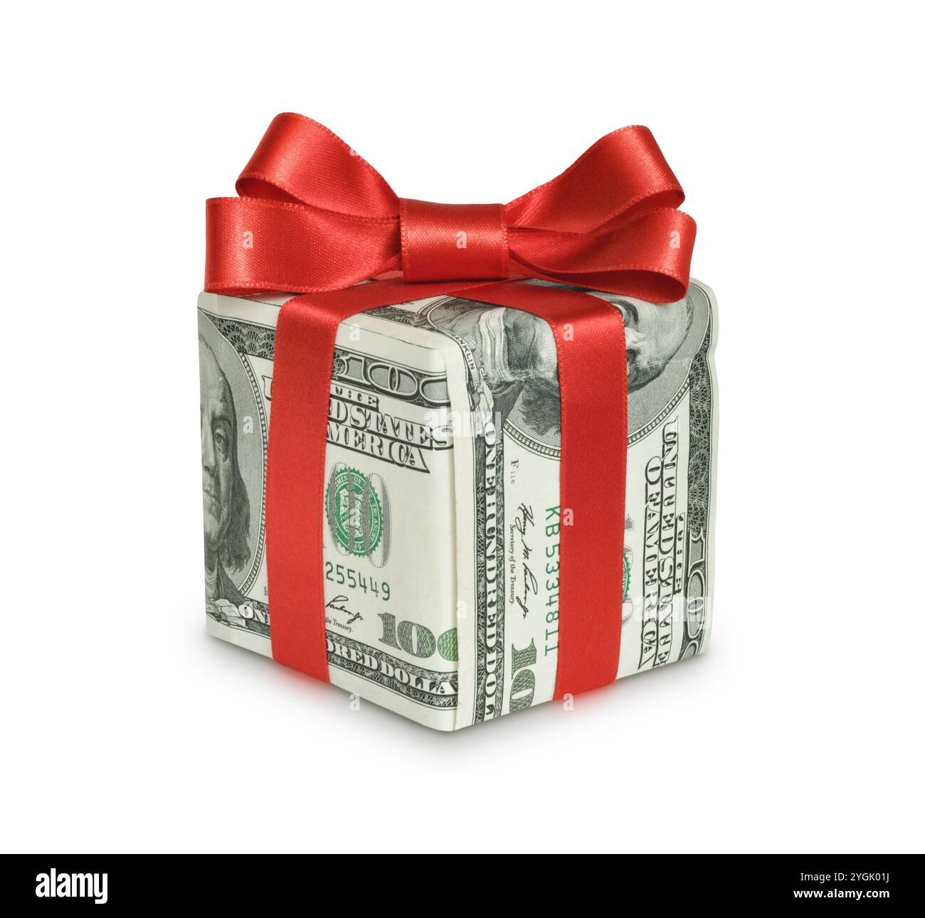 Dollar bills gift box with red ribbon bow isolated on white Stock Photo ...