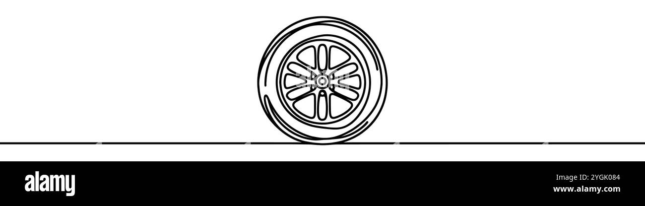 One continuous line illustration of a car wheel, isolated on white ...