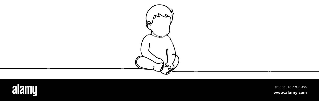Minimalist continuous line drawing representing a baby sitting and ...
