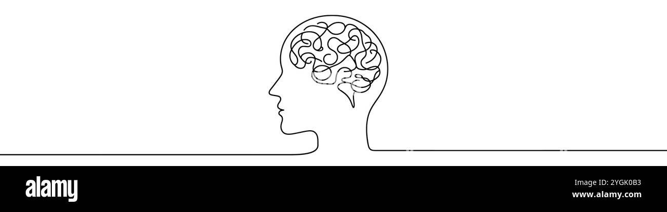 Continuous line drawing representing human head with brain waves ...