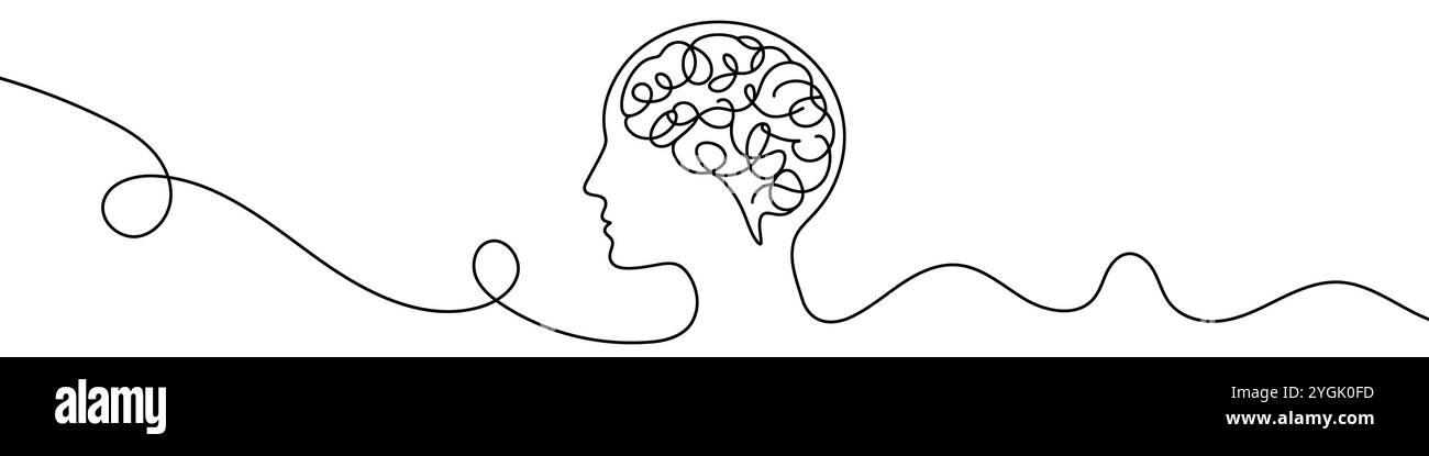 Continuous line drawing representing human head with brain waves ...