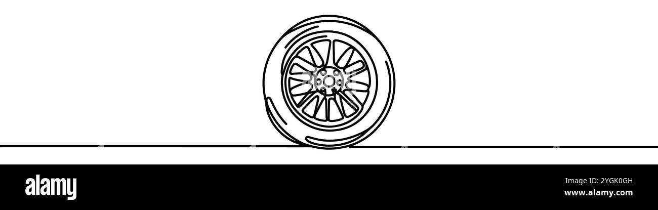 One continuous line illustration of a car wheel, isolated on white ...