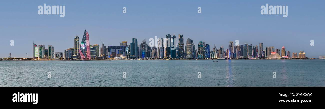 Doha skyline at dusk, Panorama, Doha, Qatar, Persian Gulf, Middle East ...