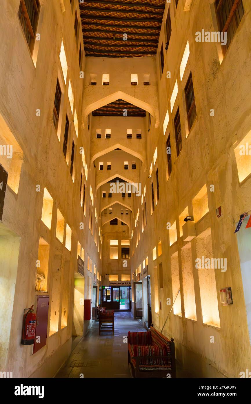 Benches next to the Falcon Center, Birds Center, Falcon Souq, Souq Waqif, in the evening, Doha ...