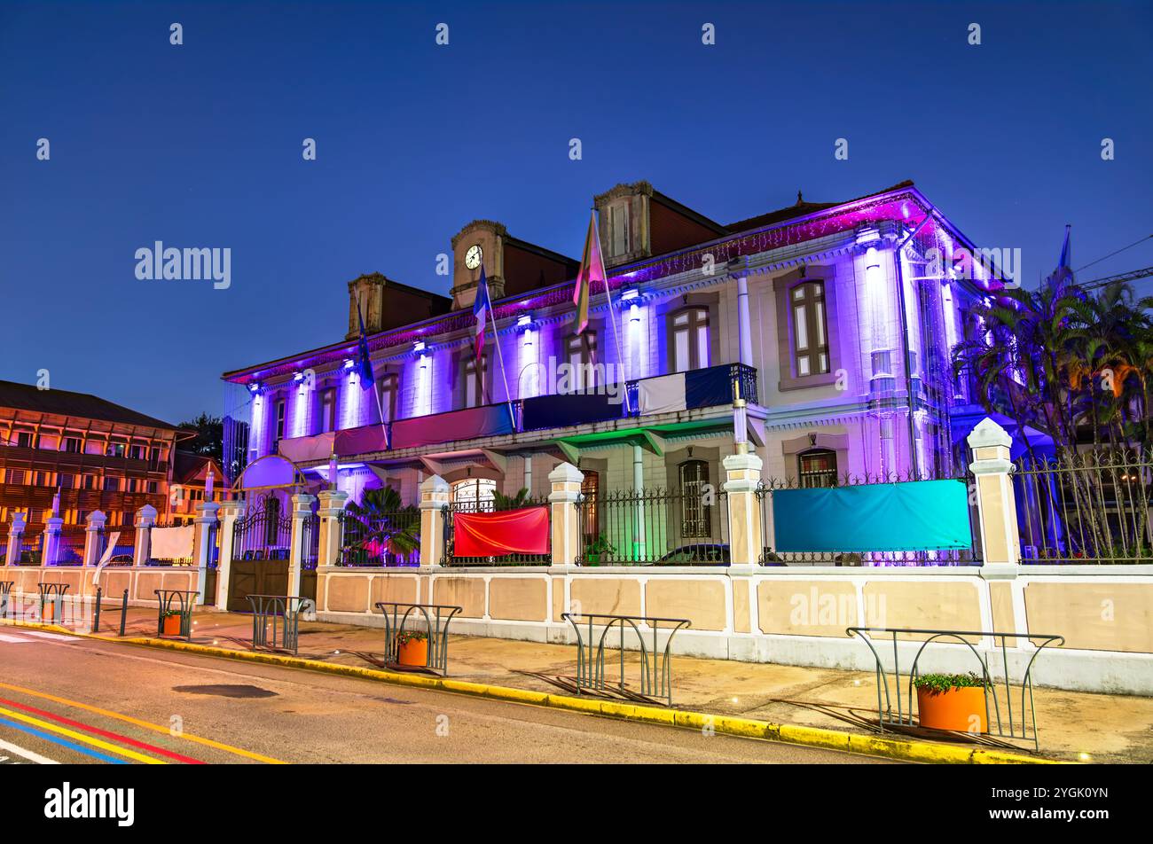 Cayenne City Hall Illuminated at Night in French Guiana, South America ...