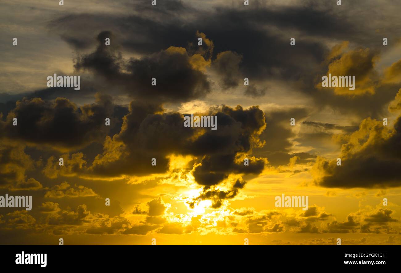 Dramatic sky and sun rays. Stormy cloud sky. Clouds above ocean. Dark ...