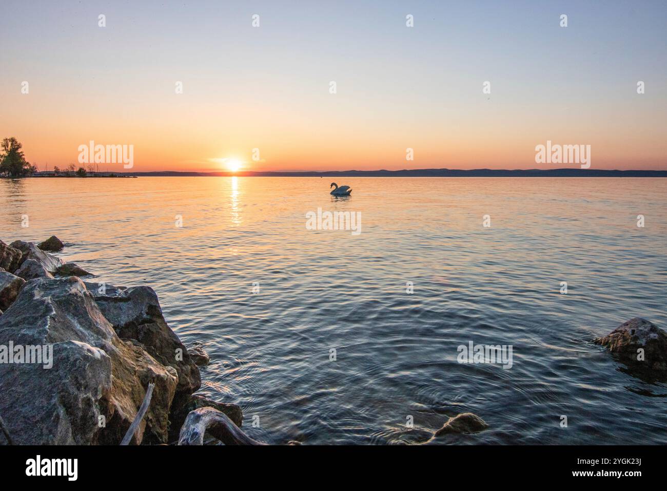 Sunset on the shore of a lake in summer. Colorful sky with a wide view ...