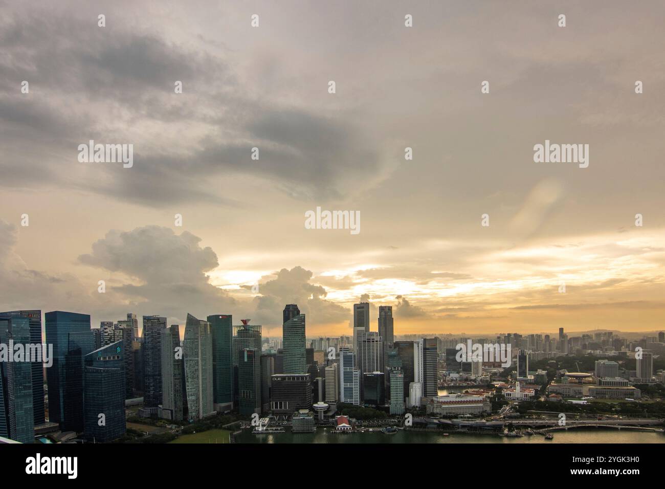 City skyline, view of the city and harbor from a skyscraper. Sunset in ...