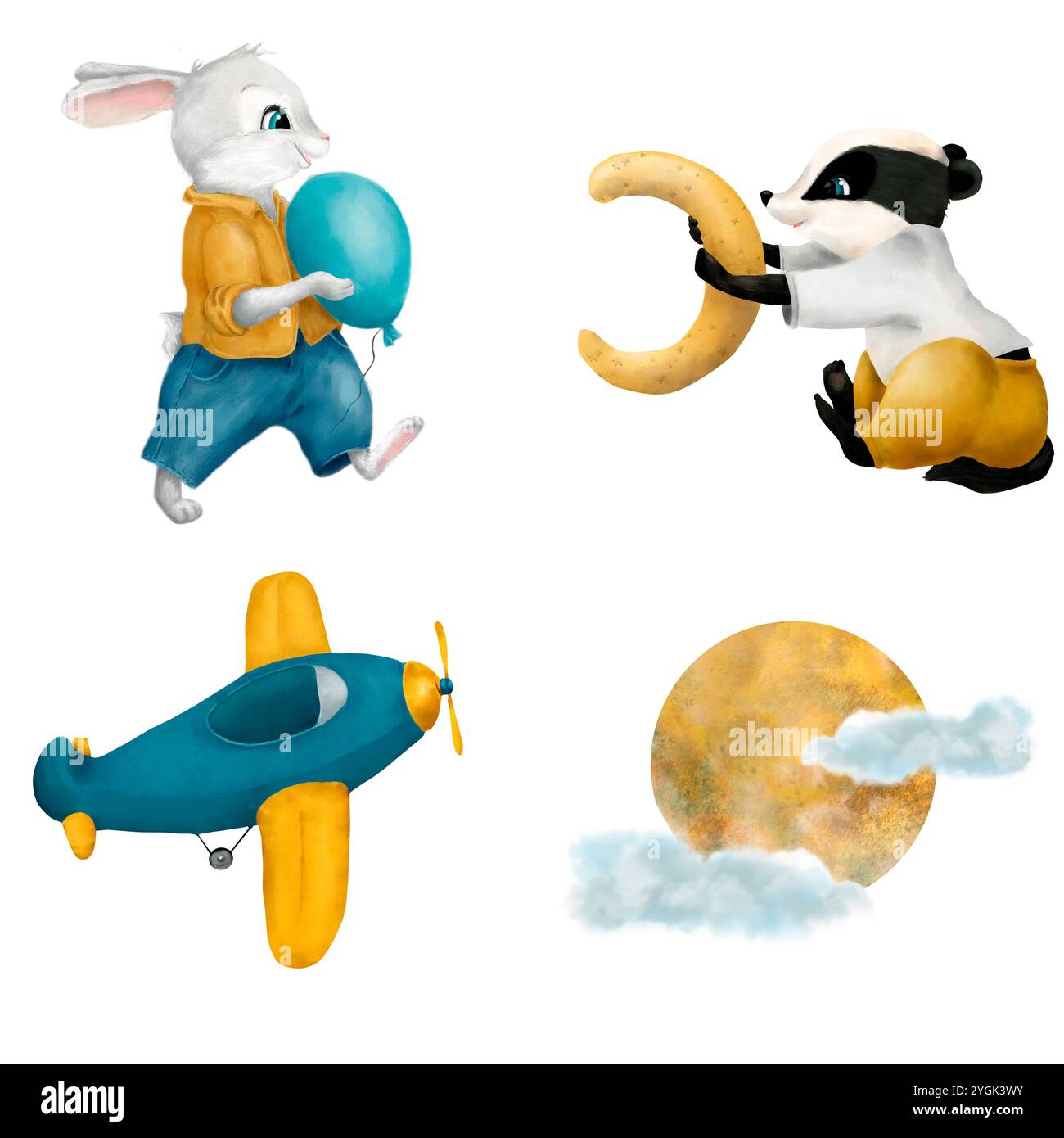 A set of cute animals: a rabbit in pants and a shirt and a badger in ...