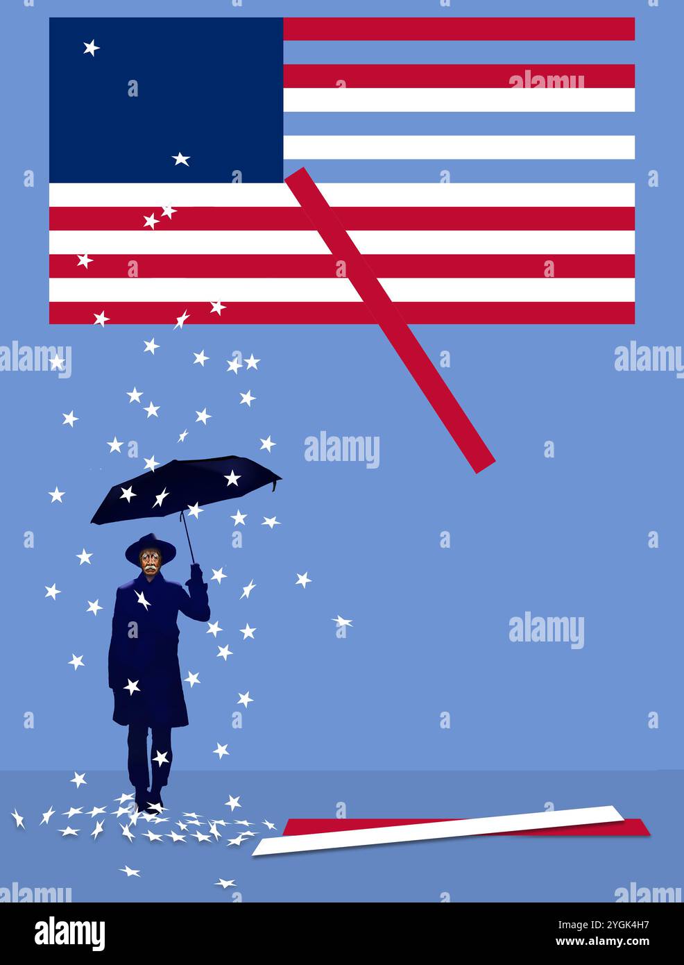 An American flag is falling apart and an old Hispanic male with an ...