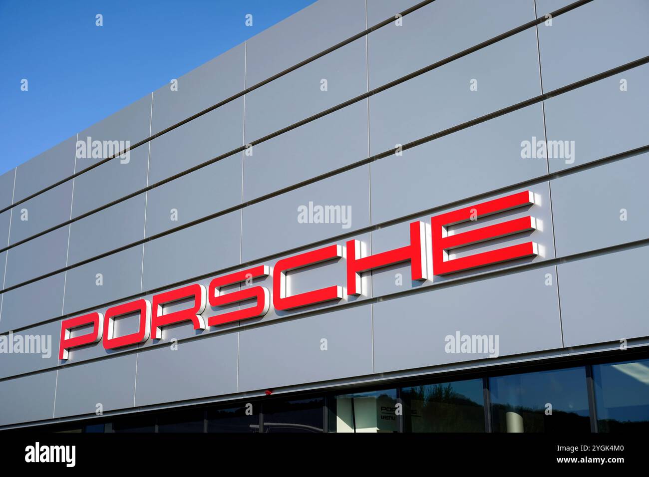 Porsche Center, building, facade, Porsche lettering, detail Stock Photo ...