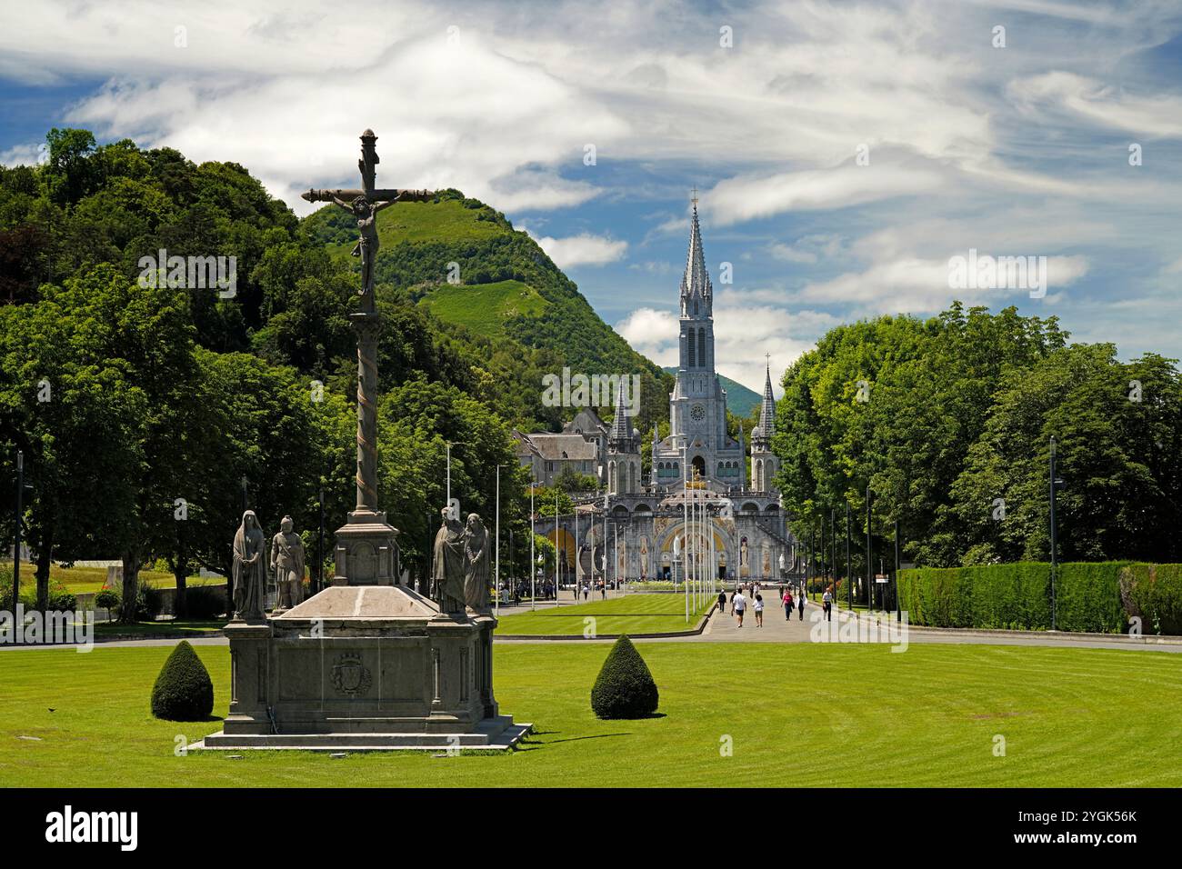 Holy district of Lourdes with the Rosary Square and Basilica in the ...