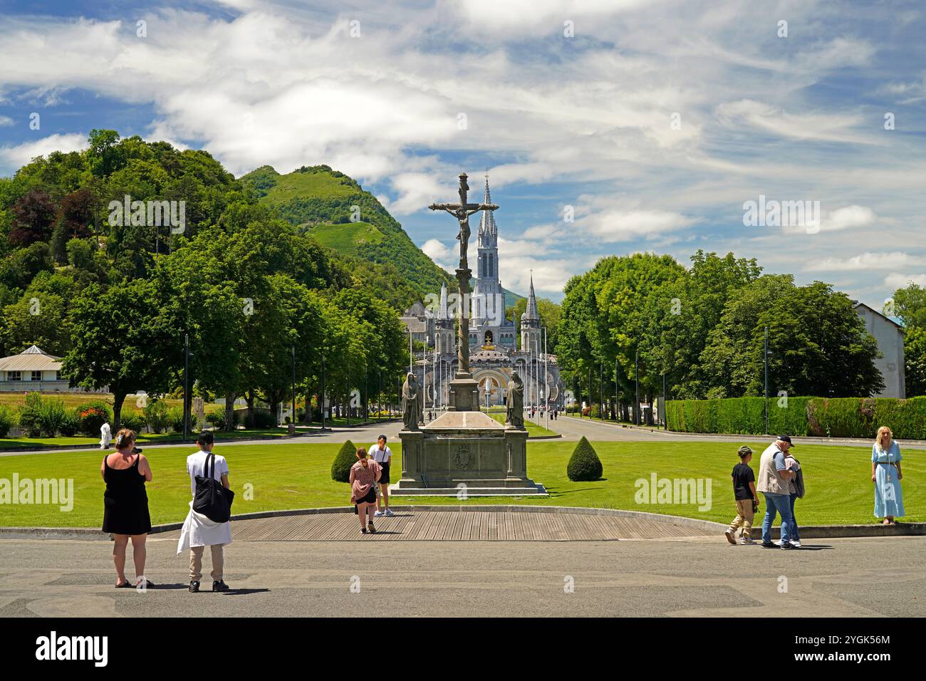 Holy district of Lourdes with the Rosary Square and Basilica in the ...