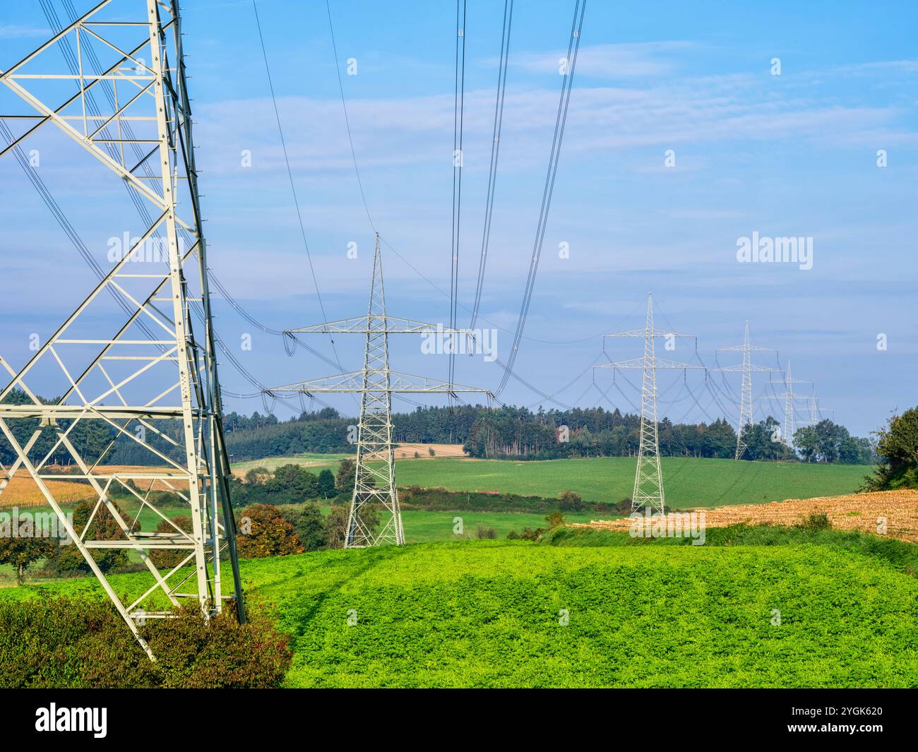 High-voltage power line over the Ecknachtal valley in the Wittelsbach ...