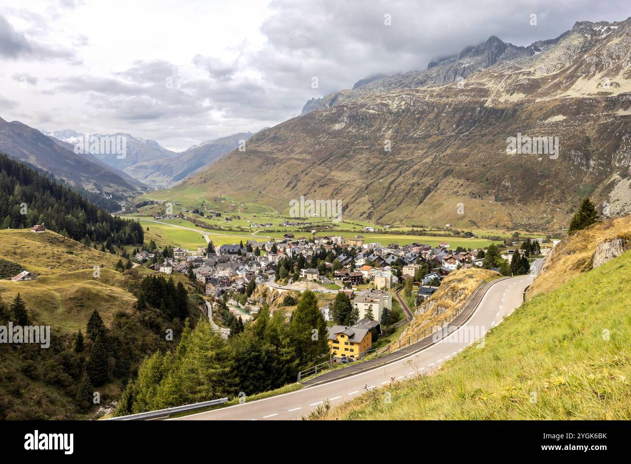 View from the mountain pass to the village of Andermatt in the canton ...