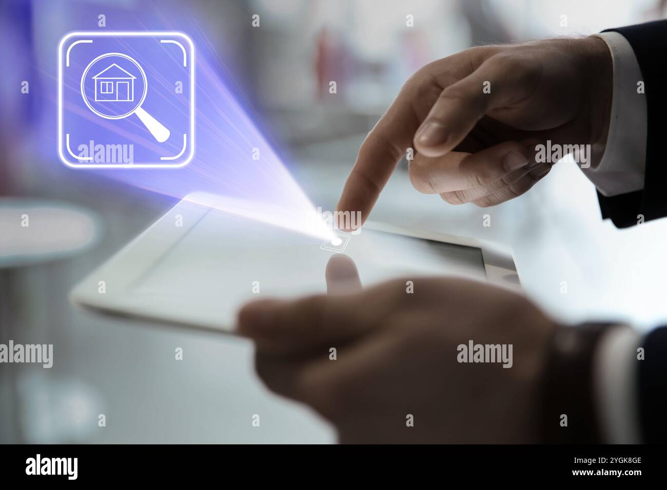 Search for housing. Real estate agent using tablet, closeup ...
