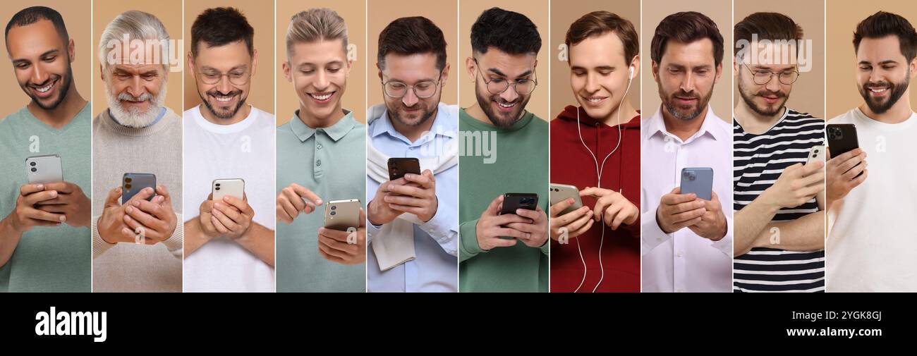 Different men with mobile phones on color background, collage. Modern ...
