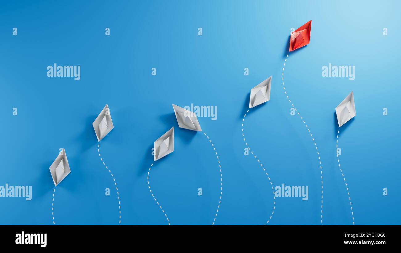 Paper ships flying on blue sky with form of growing graph.Paper art ...