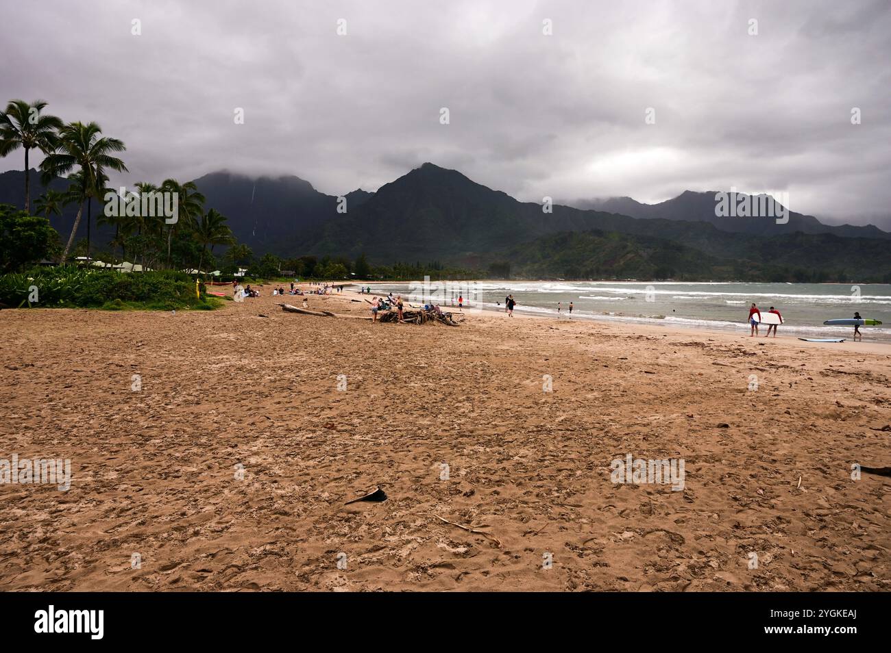 People having fun at Hanalei Beach on the island of Kauai, north shore ...