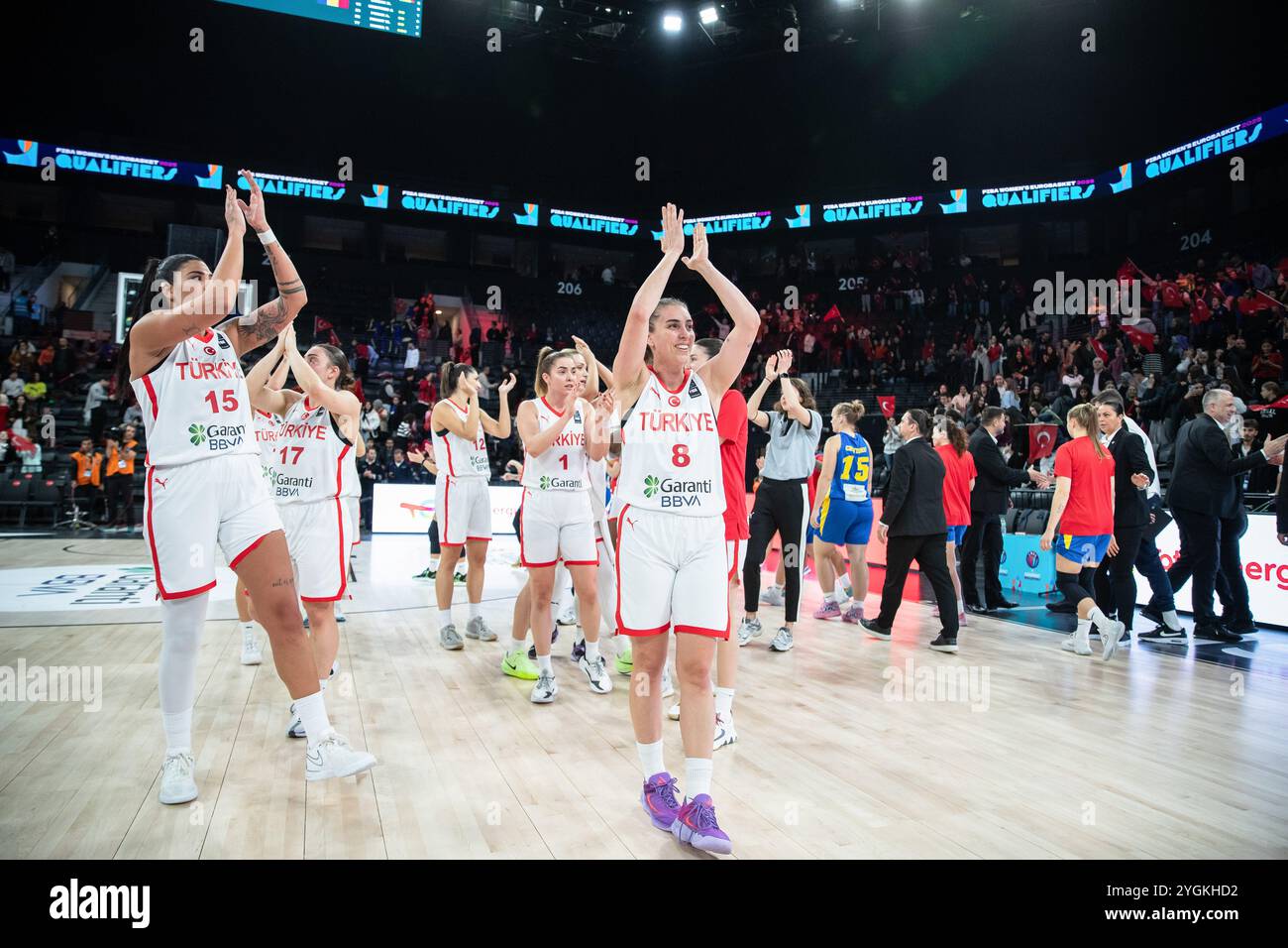 Players of Turkiye celebrate their victory during the FIBA 2025 ...