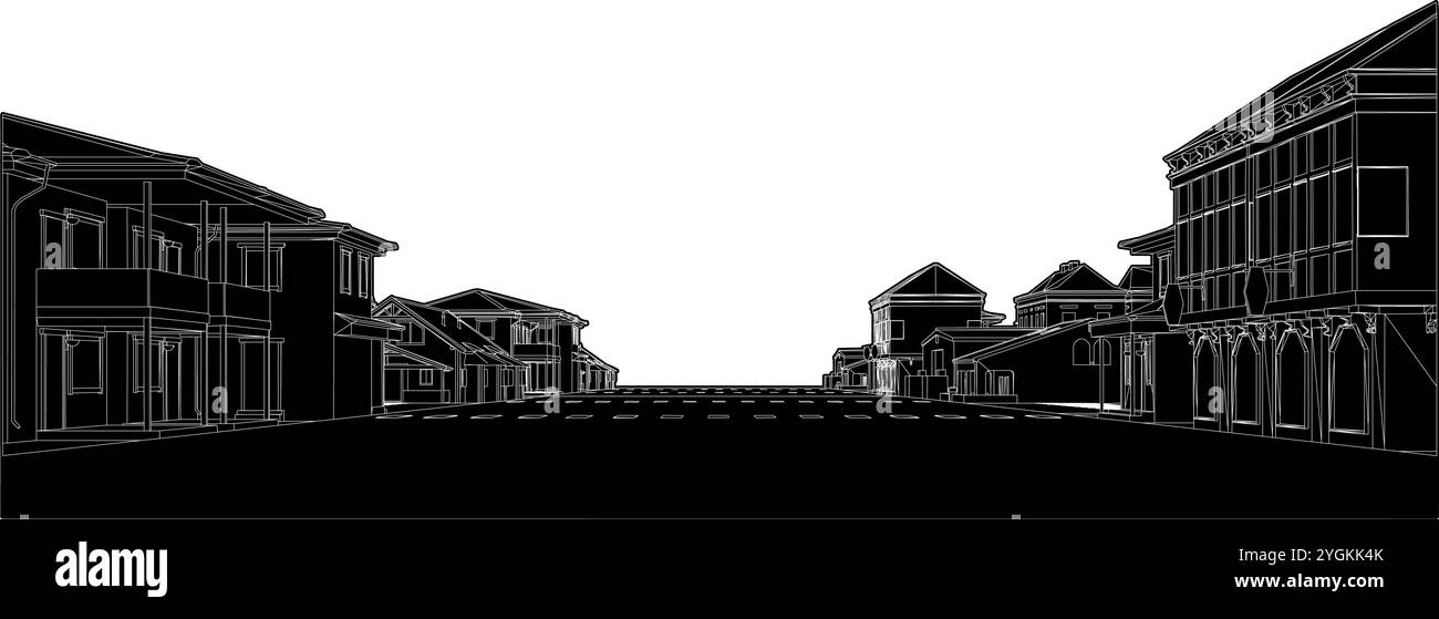 Small Town With Single-storey Houses View Vector. Residential Houses In ...