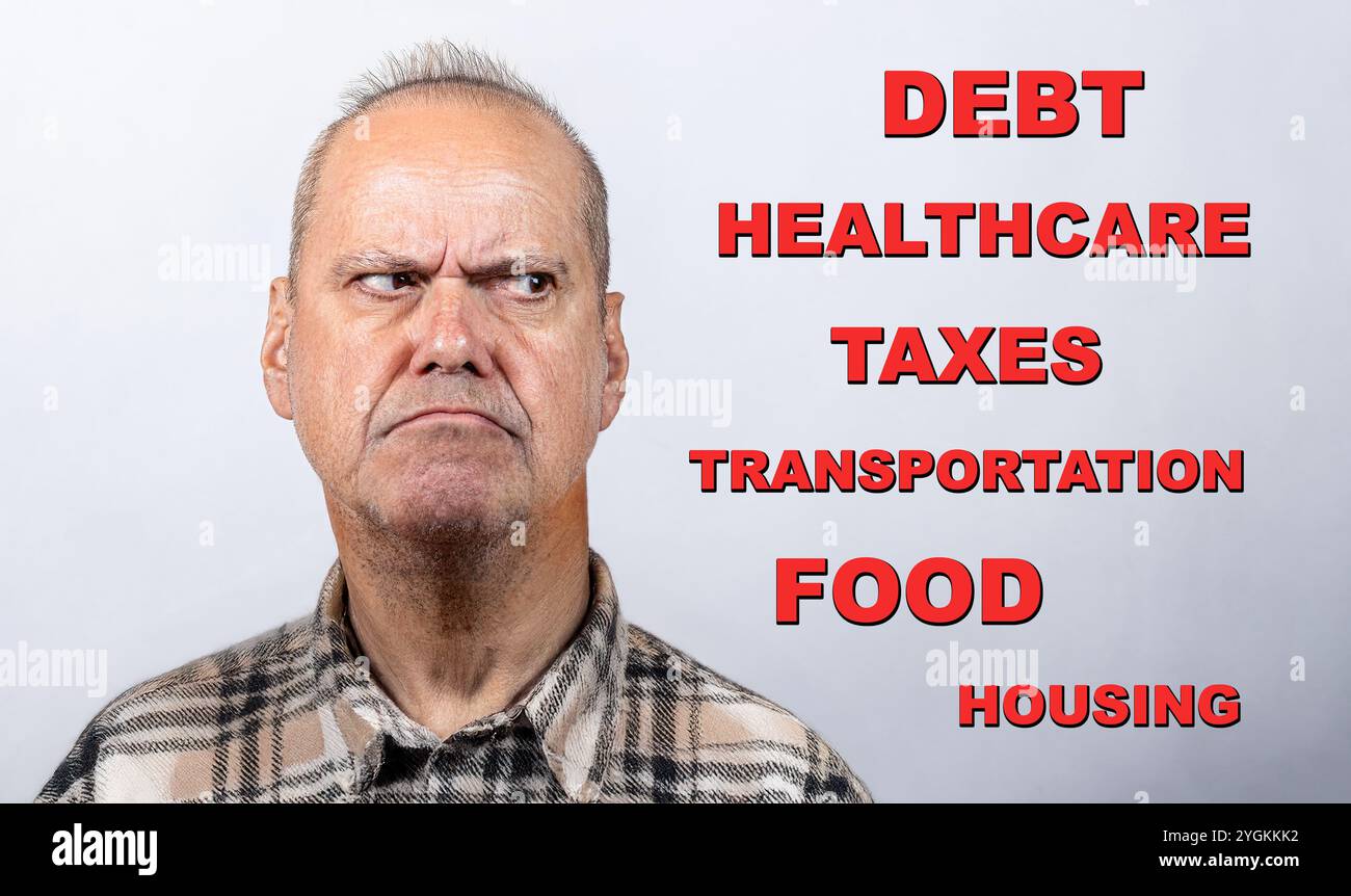 An old man frowns at a list of his living expenses Stock Photo - Alamy