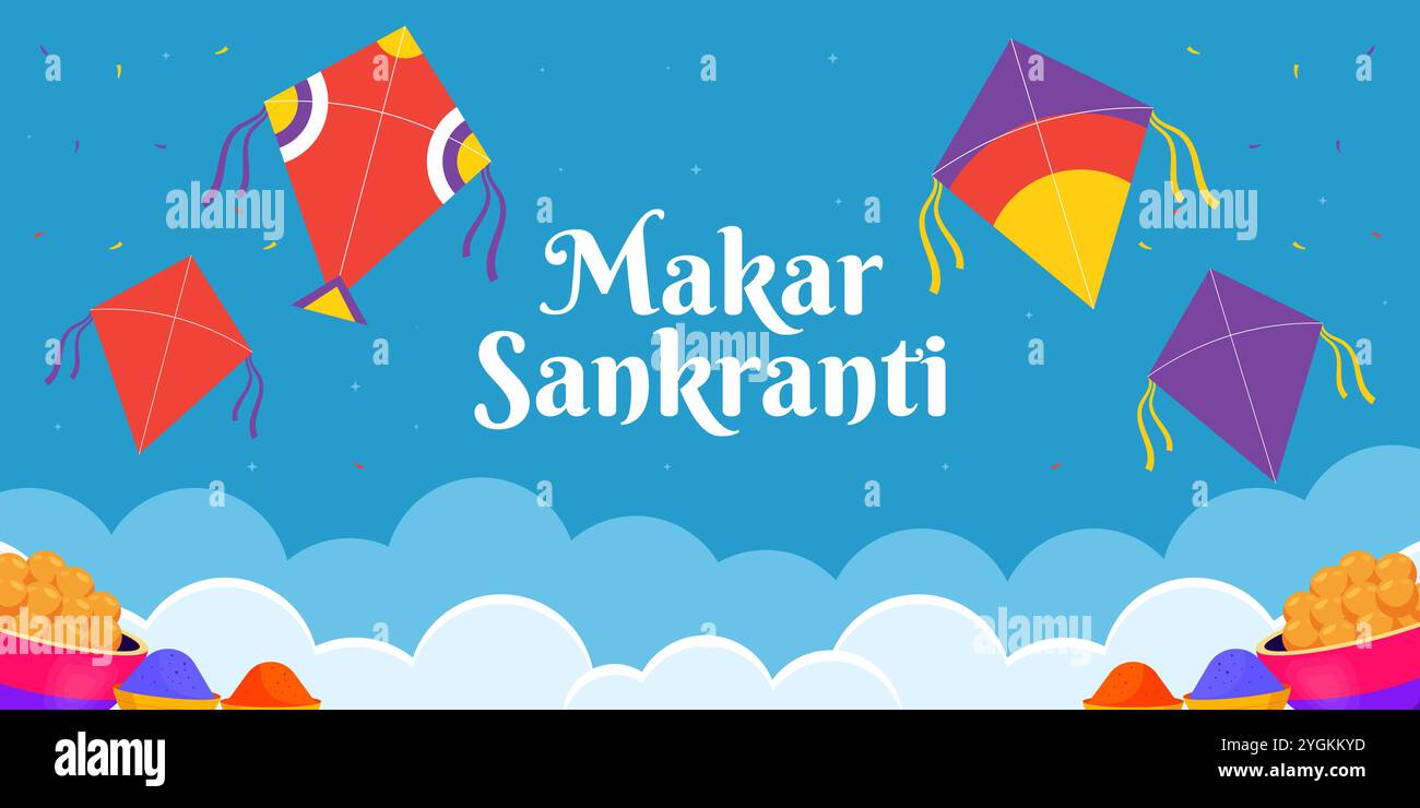 flat design makar sankranti india festival horizontal banner Stock ...