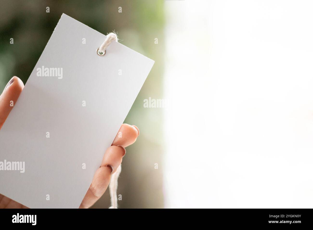 Hand holding blank white label on green background with living plants ...