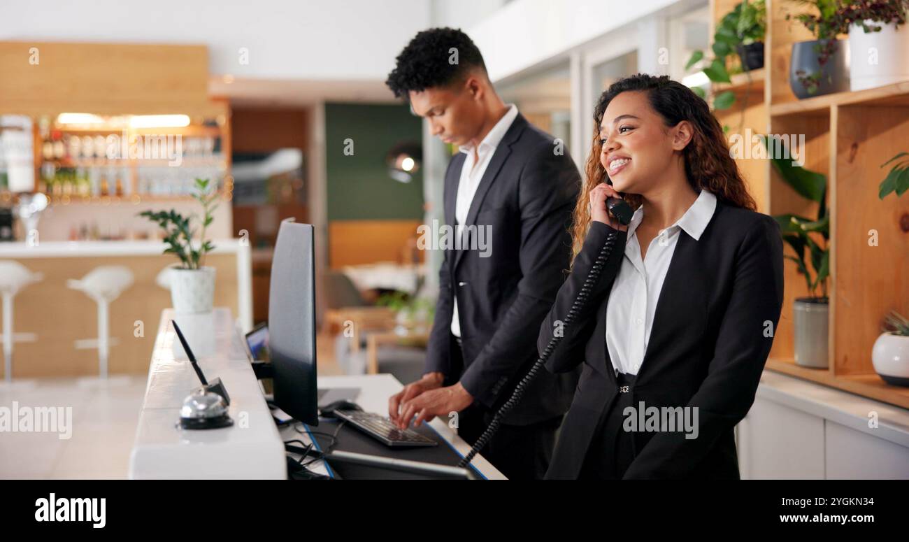 Woman, call and hotel staff at reception with smile, concierge and desk ...