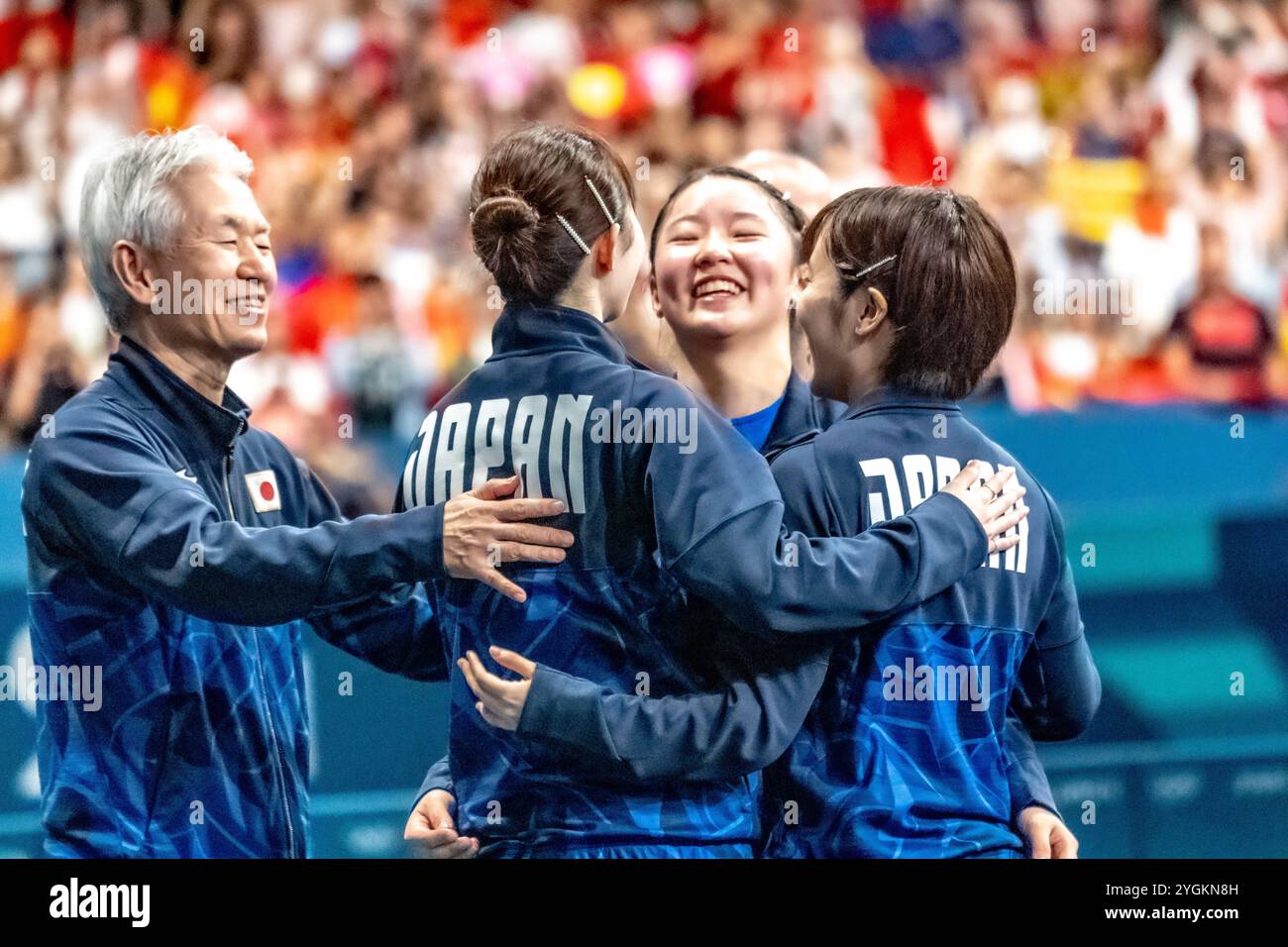 Table tennis – women's team gold medal match. Team Japan, Silver Medal winners L-R, Miwa ...
