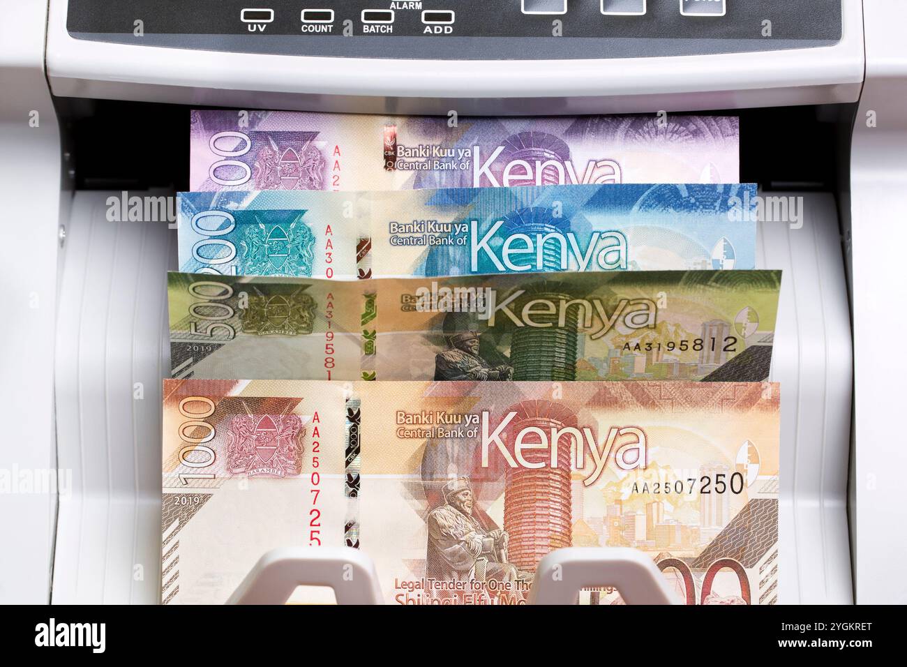 Kenyan money - shilling in the counting machine Stock Photo - Alamy