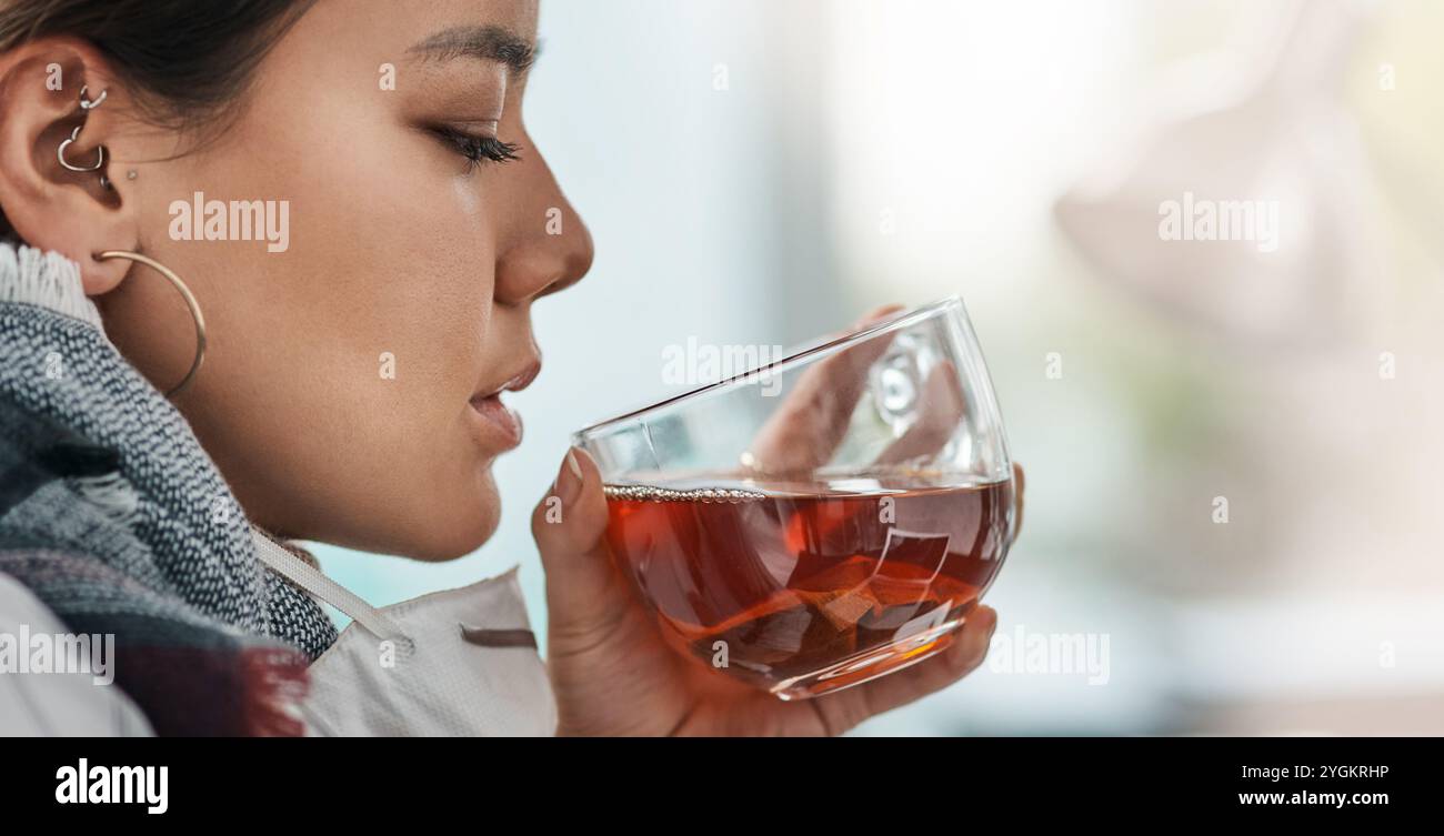 Sick, drinking and woman with tea, mask and liquid with herbs for ...