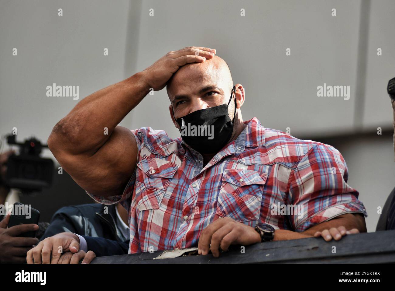 Cairo, Egypt. 25 December 2020. Egyptian bodybuilding champion, Big Rami, arrives at Cairo ...