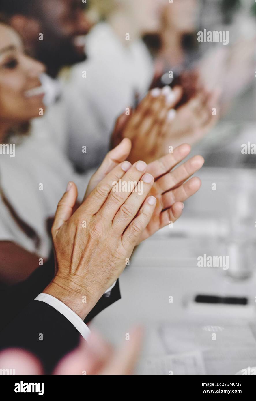 Hands, corporate and people with applause of presentation success ...