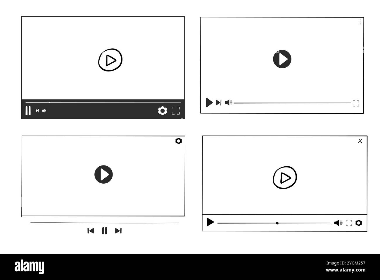 Video player display frame, line doodle bar with buttons, progress line, sound. Hand drawn ...