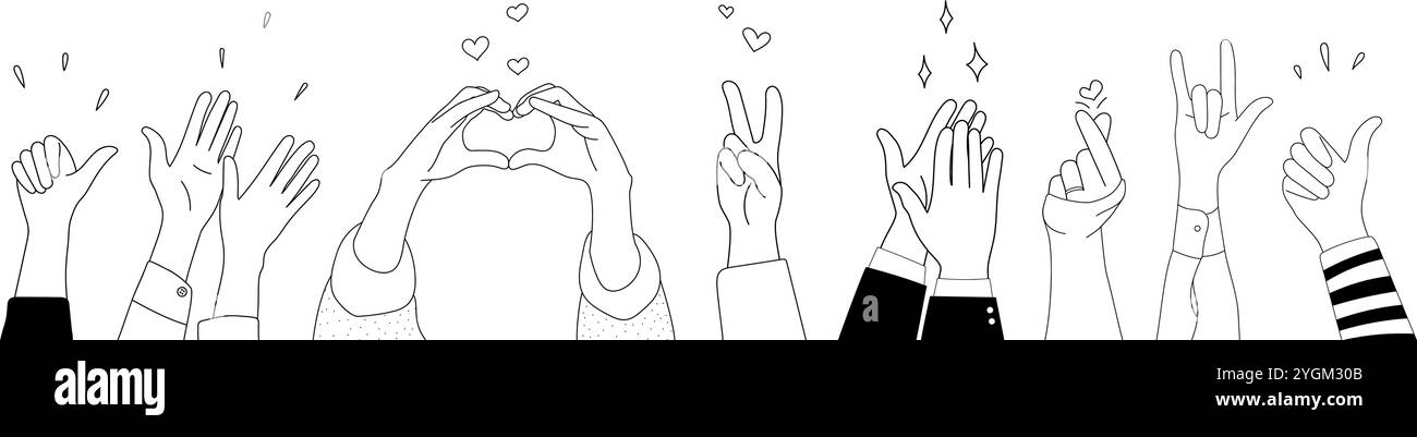 Doodle sketch hands up gestures comic icons silhouettes vector set ...