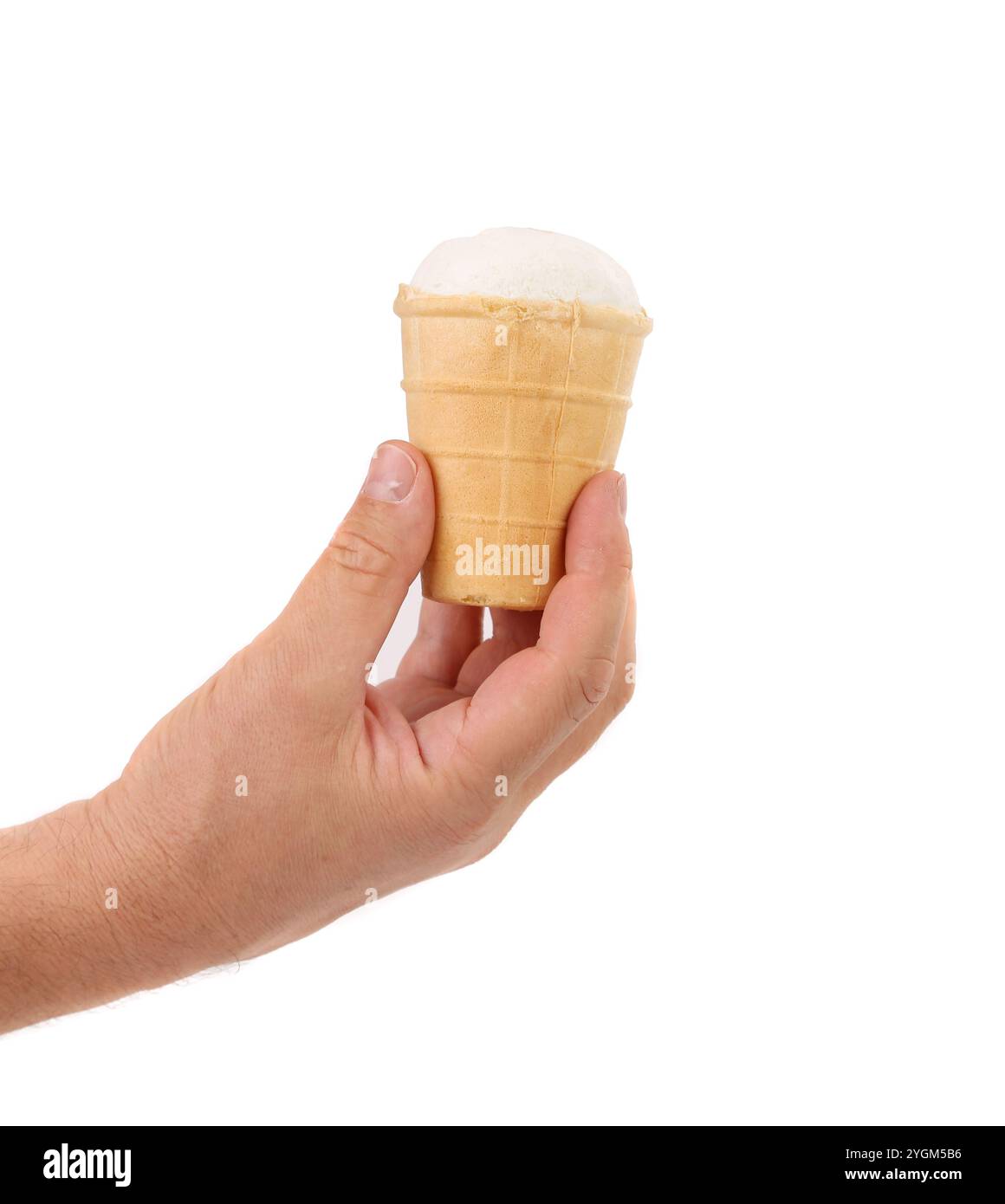 Hand and ice-cream in waffle cup over white background Stock Photo - Alamy